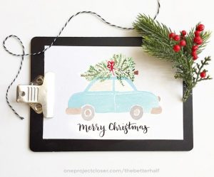 Watercolor Christmas Printable: Vintage Car + Tree
